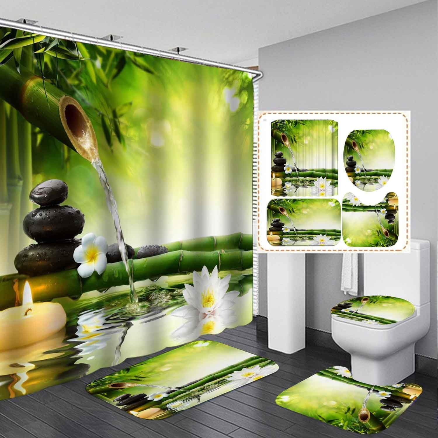 4PCS Zen Spa Shower Curtain Sets with Rugs, Waterproof Fabric Shower ...
