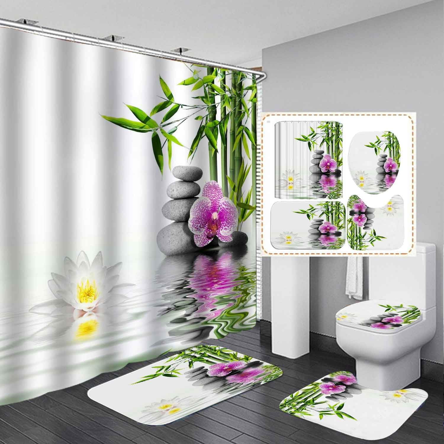 4PCS Zen Spa Shower Curtain Sets with Rugs, Waterproof Fabric Shower ...
