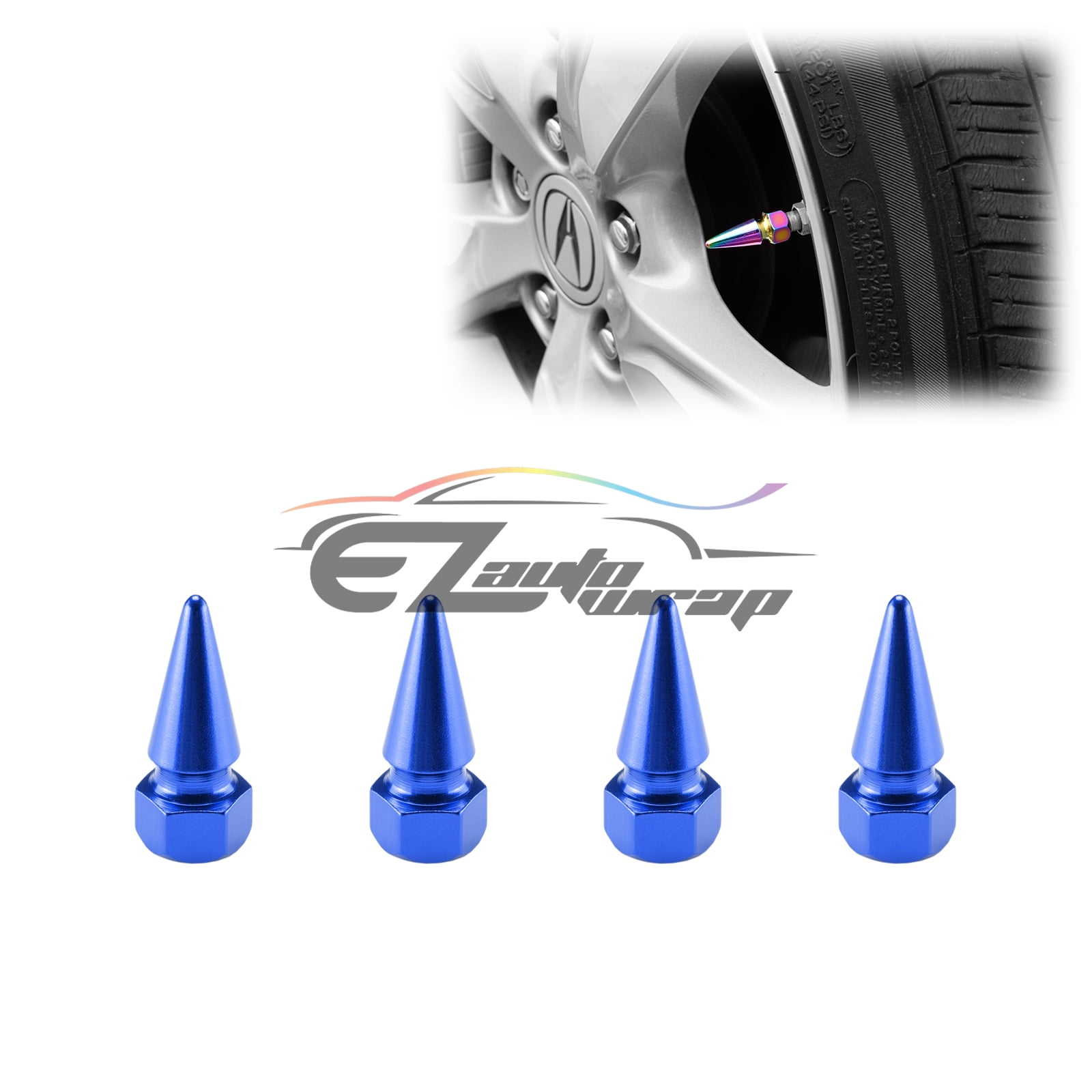 4PCs Blue Long Spike Valve Stem Caps Metal Thread Wheel Tires TVC17 ...