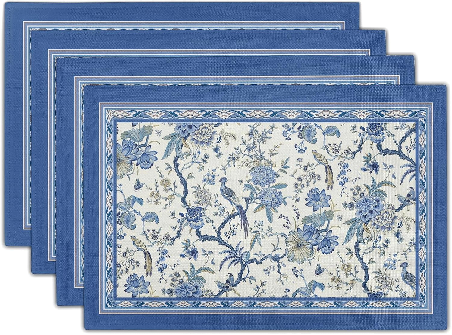 4PCs Chinoiserie Placemats Blue White Floral Birds Decorative Linen ...