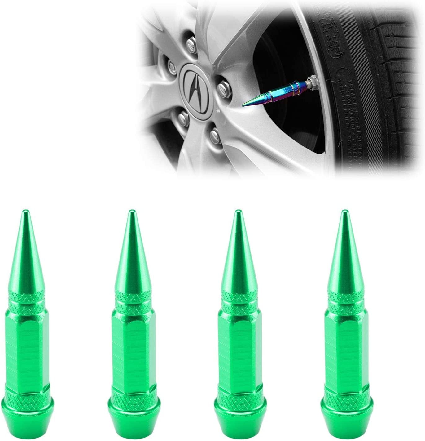 4PCs Green Long Spike Spiked Tire Valve Stem Caps Metal Thread Wheel ...