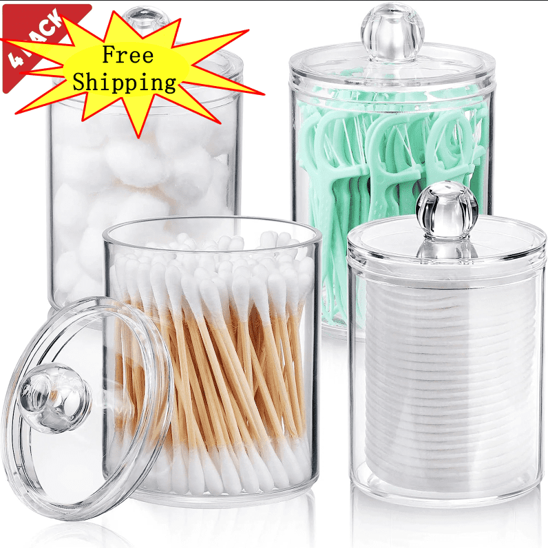 4PCs Premium Cotton Swab Organizer - 10OZ Clear Plastic Jar with Lid ...