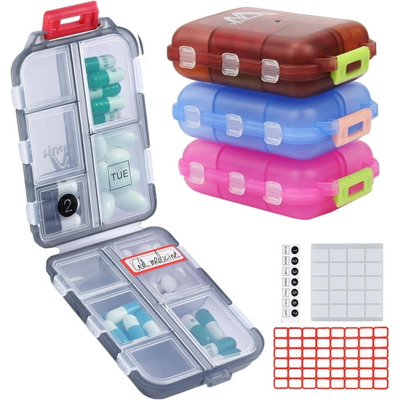 4PS Travel Pill Organizer with 164 Slice Labels，10 Compartments Travel ...