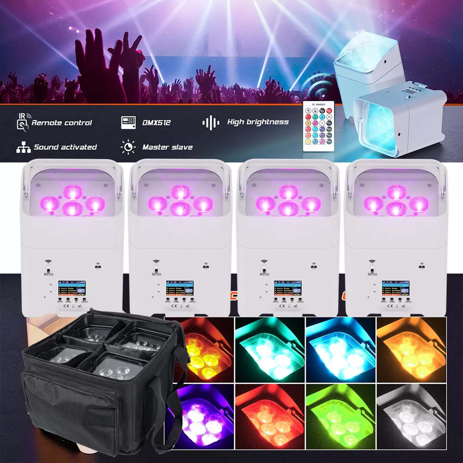 4Pack 108W Battery LED Par Spotlight Rechargeable RGBWA+UV WiFi/DMX/APP ...