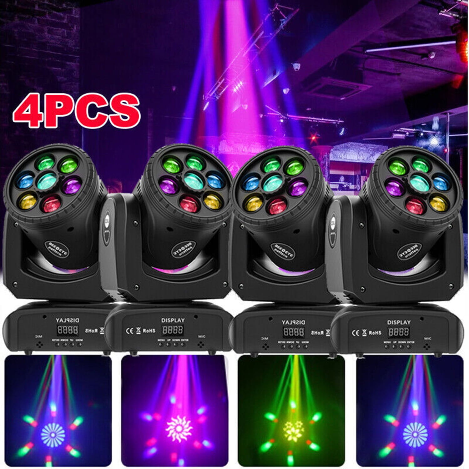 4Pack 120W Moving Head Lights 2 in 1 Bee Eye LED Lights RGBW 8 Gobos ...