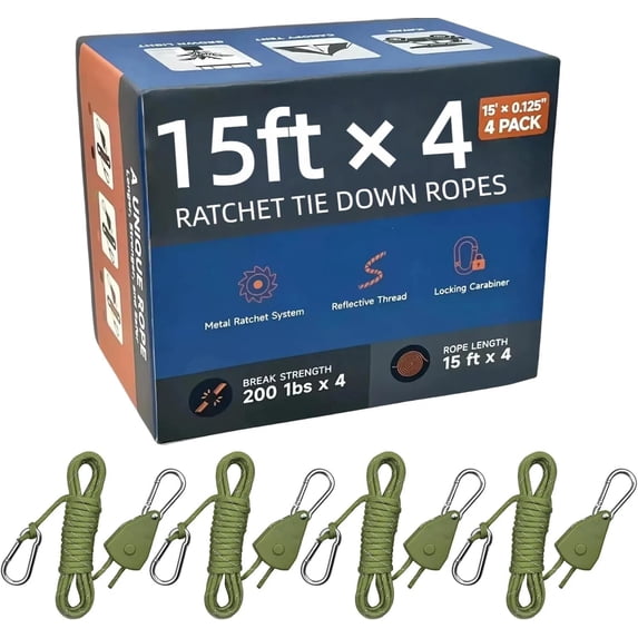 4Pack 15FT Reflective Adjustable Tie Down Ropes, 1/8 Inch Green ...