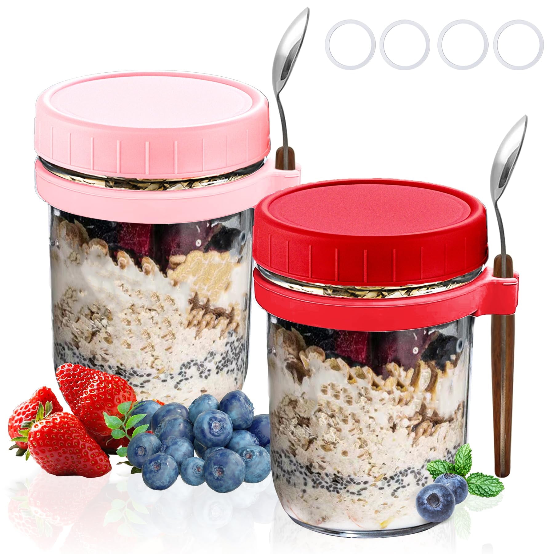 4Pack/16oz Overnight Oats Containers with Lids and Spoons,Glass Mason ...