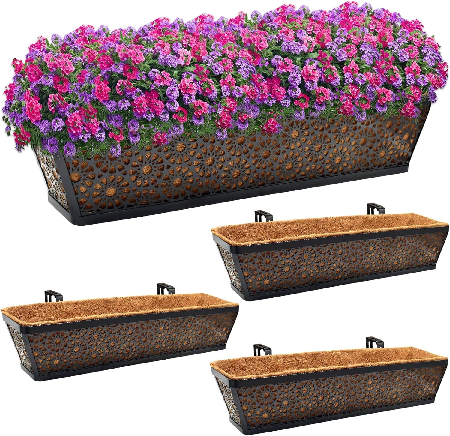 4Pack 30 Inch Window Box with Coco Liner Sturdy Metal Railing Planter ...