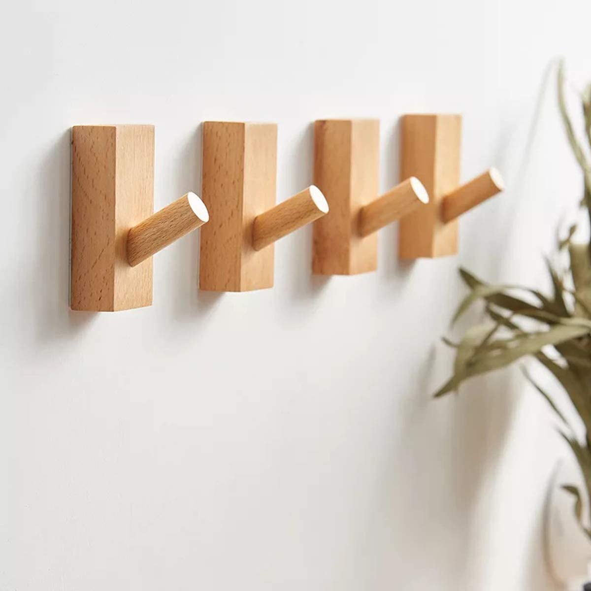4Pack Adhesive Wall Hooks Hat Rack, Wooden Coat Hooks Wall Mounted ...