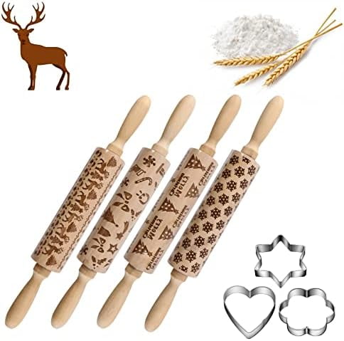 4Pack Christmas Wooden 3D Rolling Pins Embossed, Embossing Rolling Pin ...