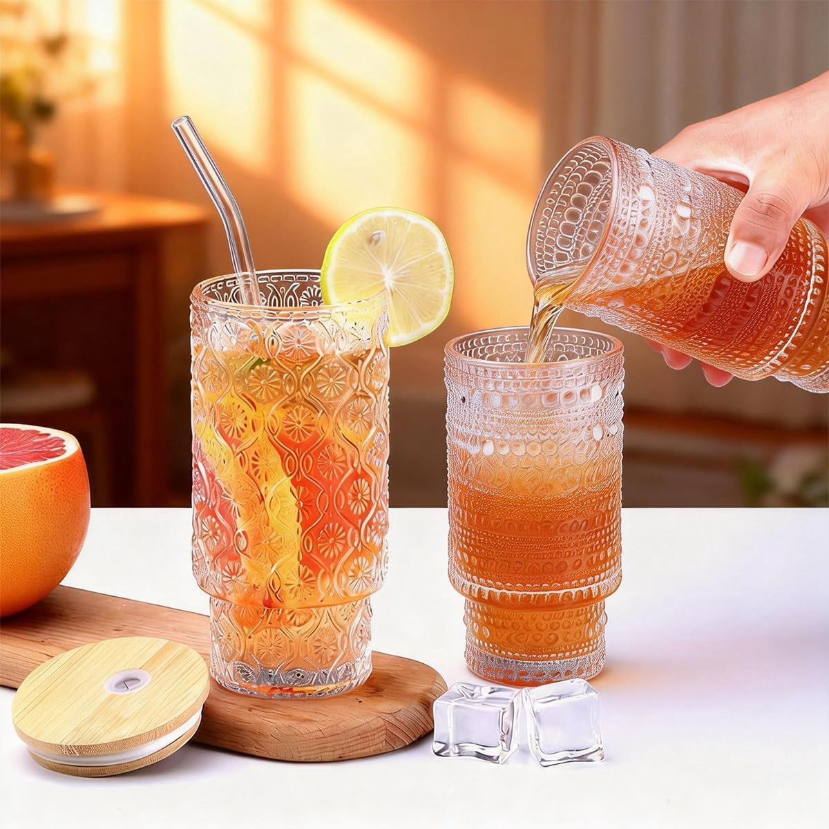 4Pack Embossed Glass Tumbler with Bamboo Lid and Straw, 11oz Vintage ...