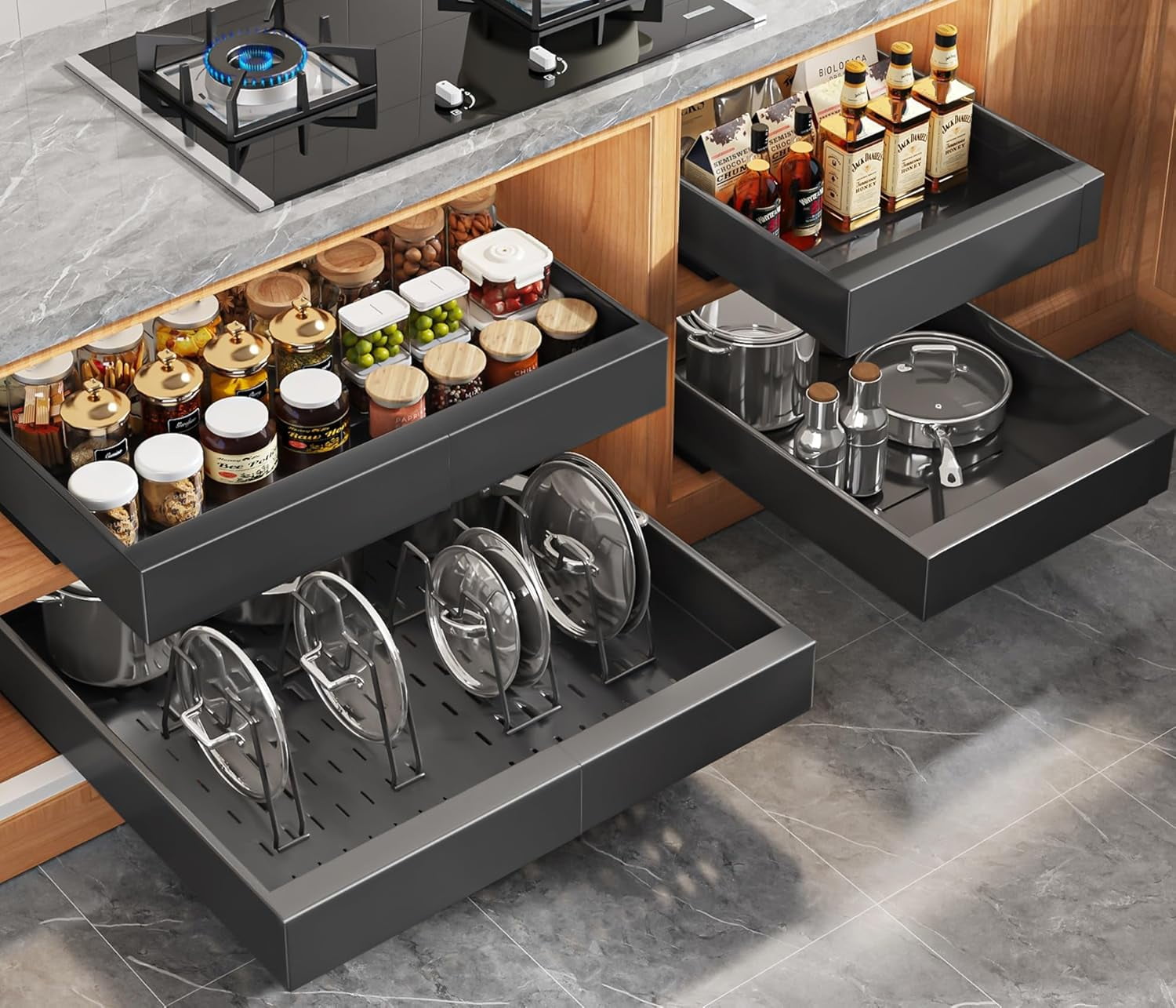 4Pack Expandable Pull Out Cabinet Organizer 21"Deep With Raising Pad ...