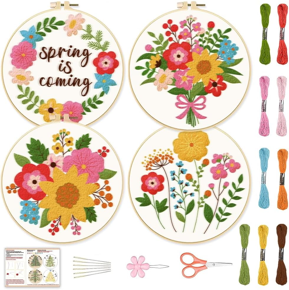 4Pack Flower Embroidery Starter Kit Spring Floral Cross Stitch Kits ...