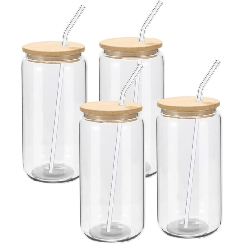 4Pack Glass Cups with Bamboo Lids and Glass Straw 16oz Beer Can Shaped ...