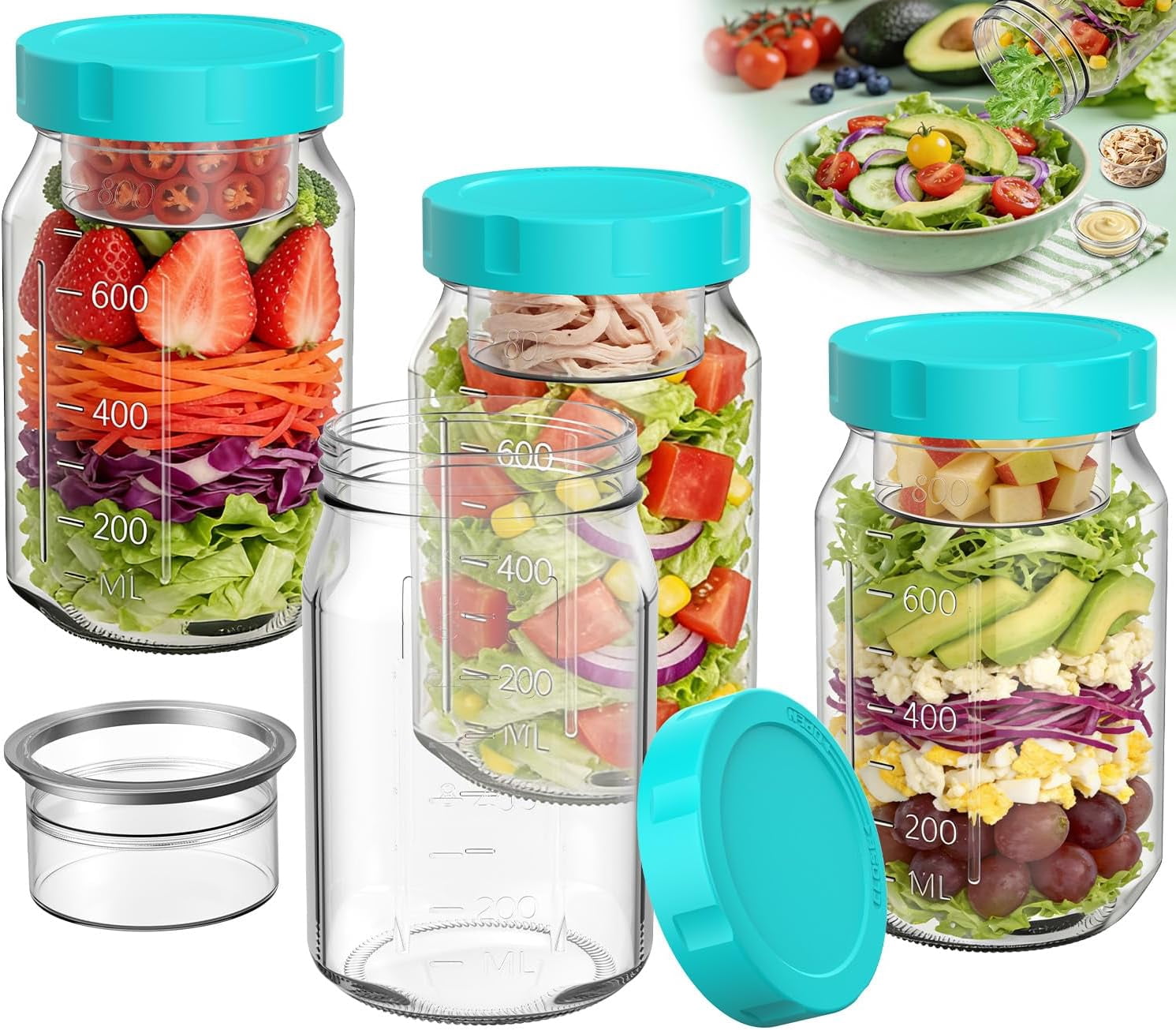 4Pack Glass Salad Jars with , 32oz Salads Mason Jars with Wet/Dry ...