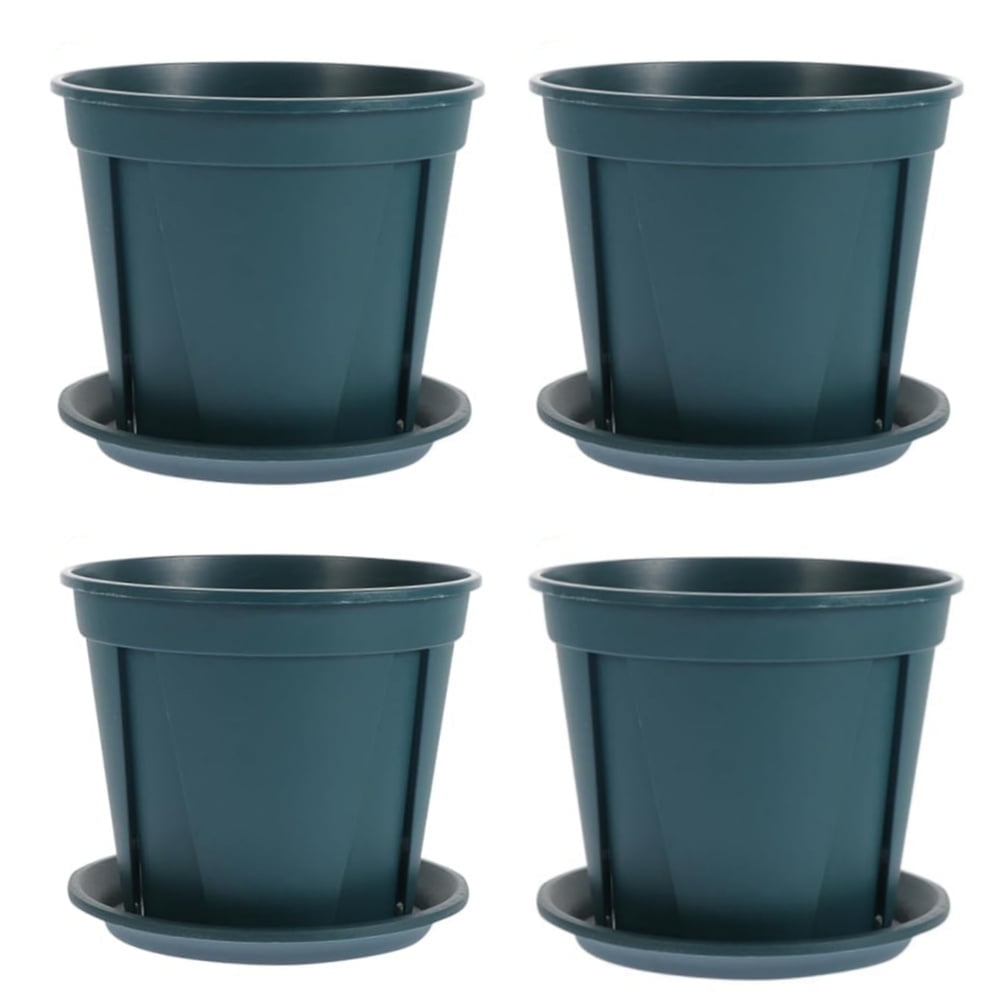 4Pack Green Plastic Flower Pots with Drainage Hole and Tray,Plant ...