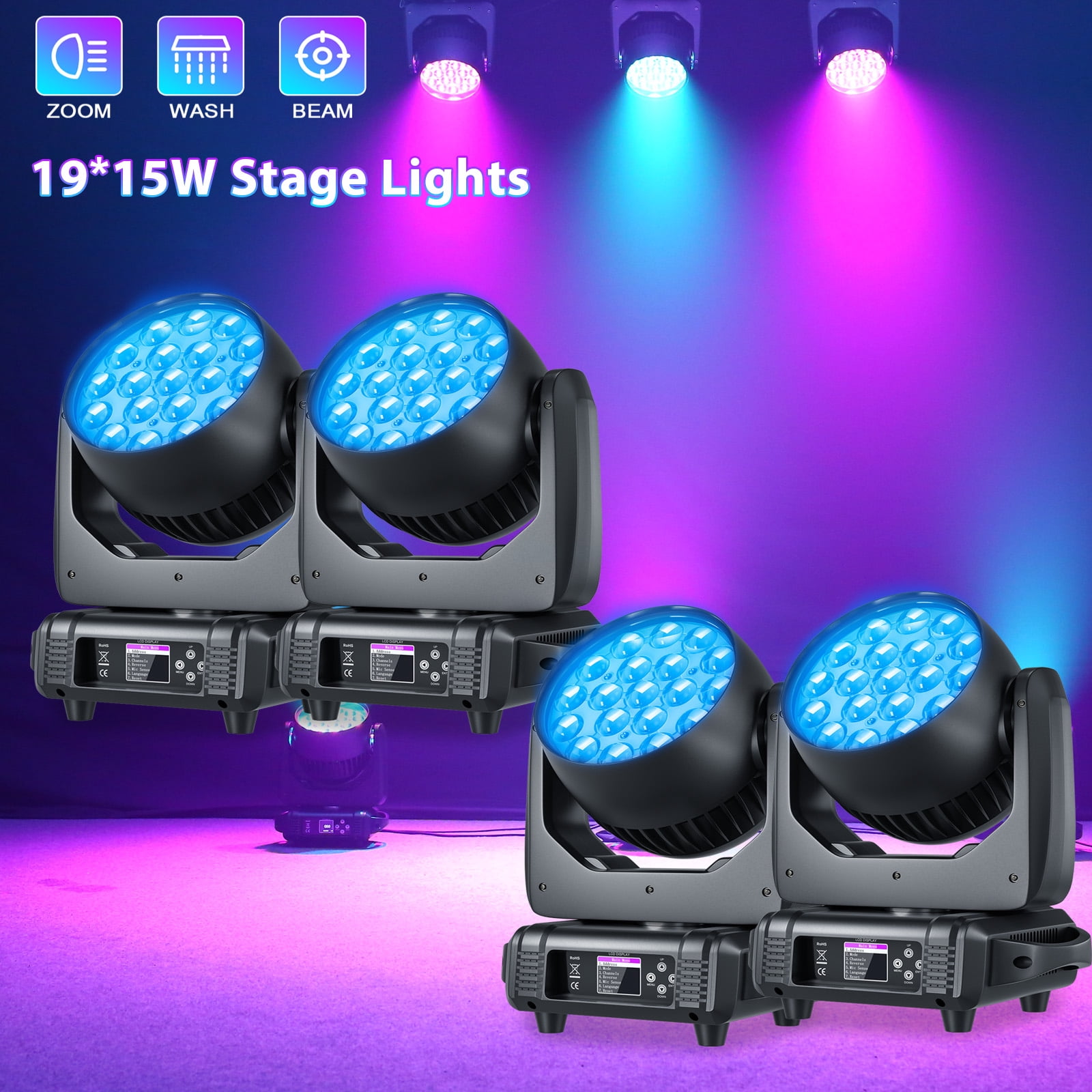 4Pack LED 19x15w RGBW 4 in1 8500K Moving Head Wash Beam Light,Sound ...