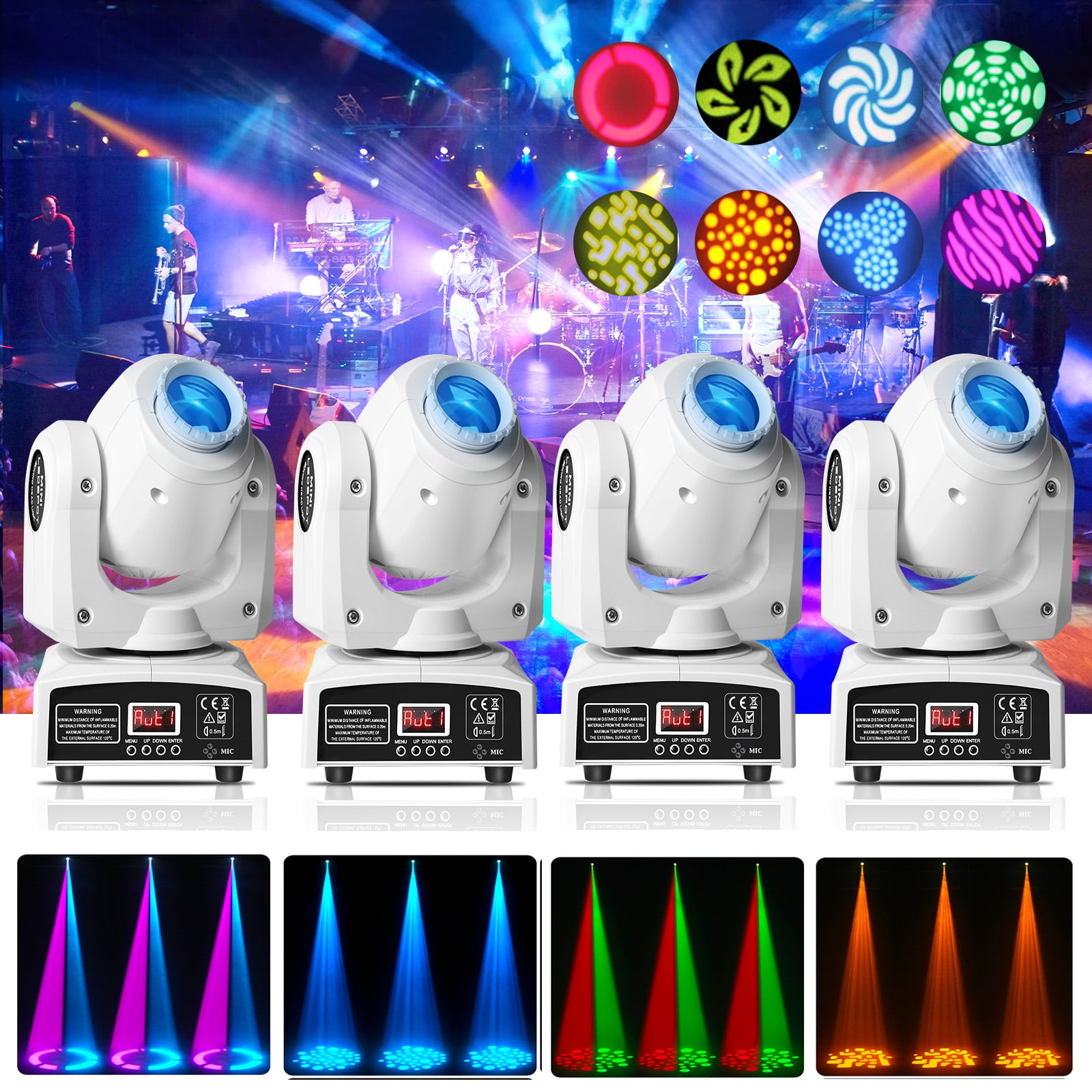 4Pack Moving Head LED DJ Party Light, RGBW 8 Pattern Shake Disco Light ...