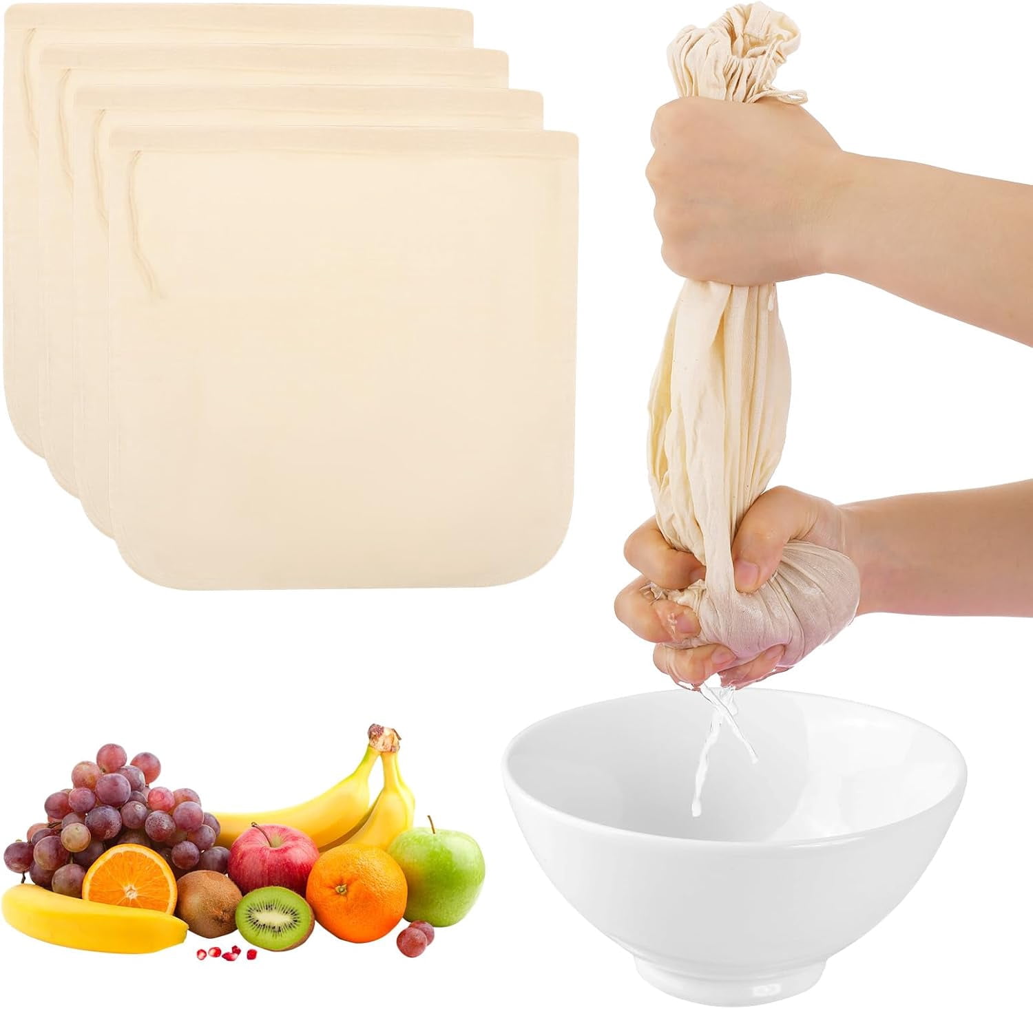 4Pack Nut Bag Strainer 12 x 12 Inch Cheesecloth Bags for Straining 100% ...