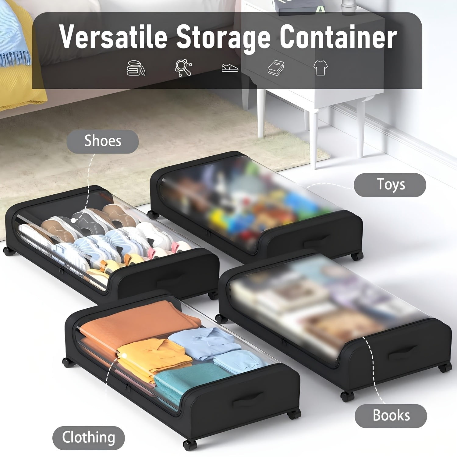 4Pack Under Bed Storage Rack Square Design with Wheels Rolling Trolley ...