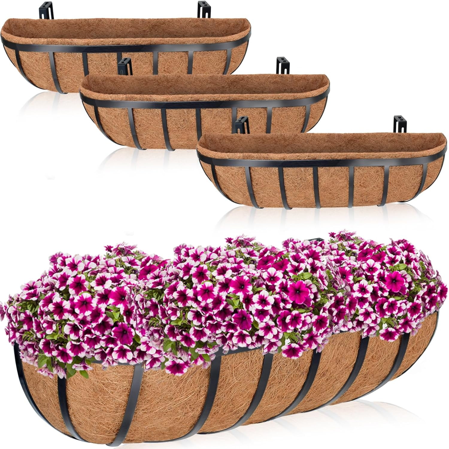 4Packs 24" Window Box Railing Planter with Coco Liner, Metal Hanging ...