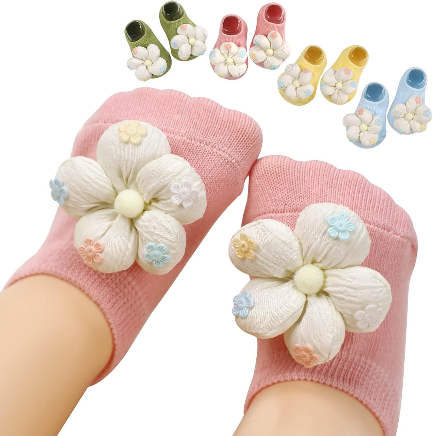 4Packs Girls Socks,Flower Non-Slip Grips for Princess Low Cut Ankle ...