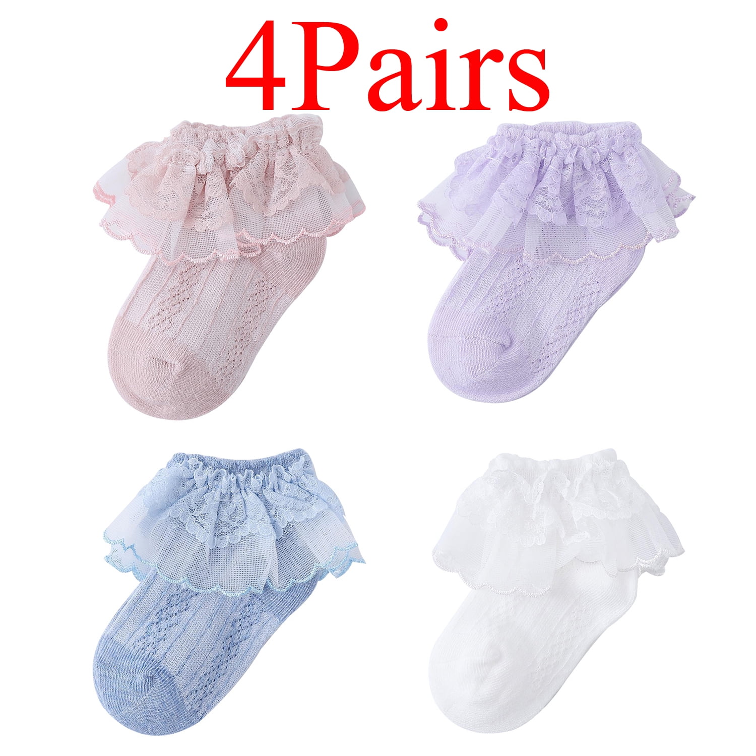 4pairs Girls Cotton Socks Spring Stockings Mesh Ruffles Sock