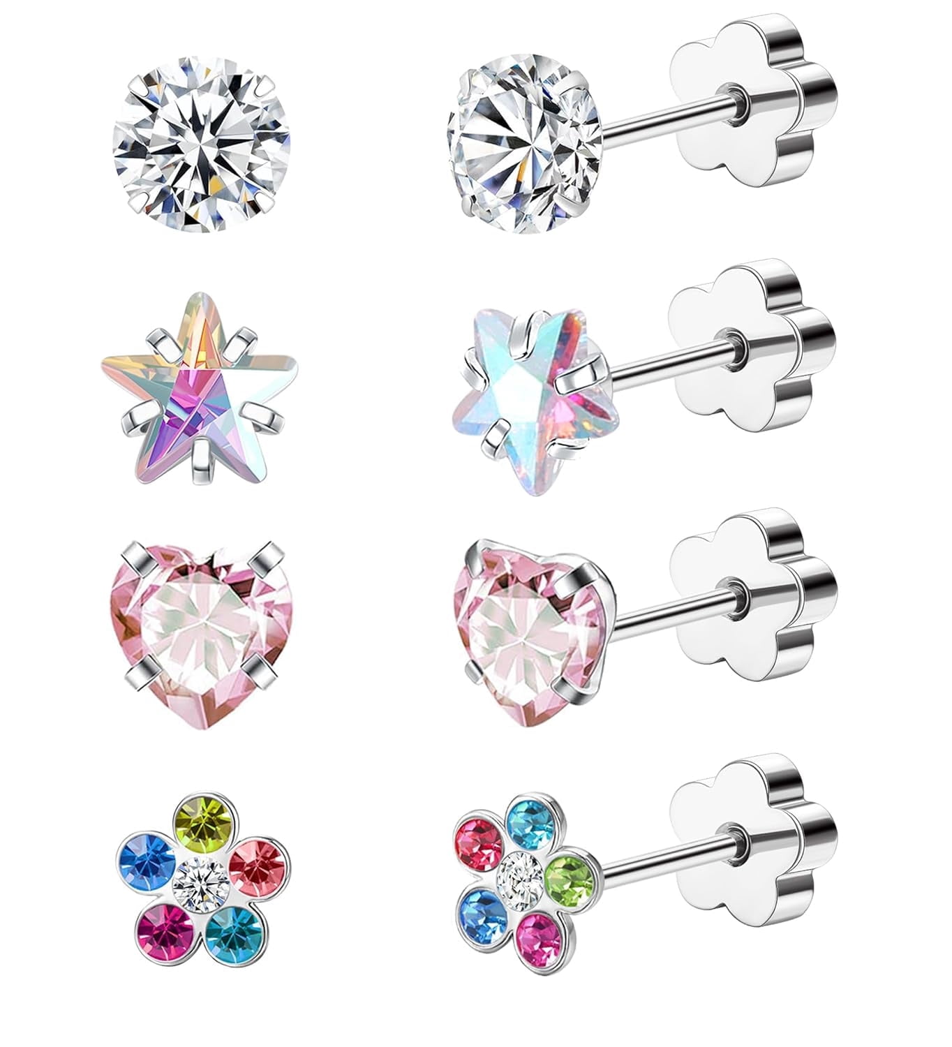 4Pairs Hypoallergenic Flat Back Earrings for Women Stainless Steel ...