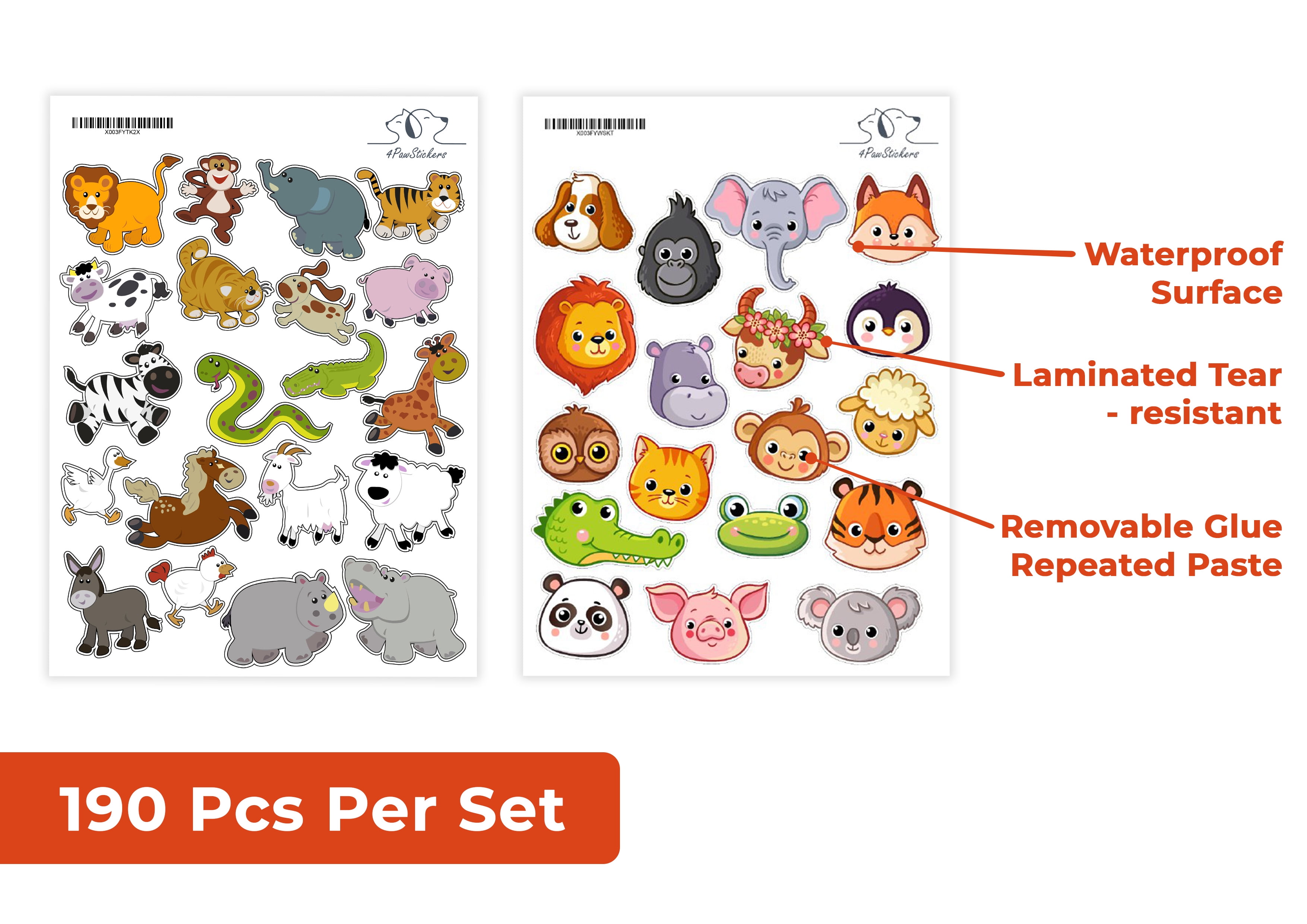 4Pawstickers 190pcs Cute Farm Zoo Animal Stickers for Kids Ages, Pack ...
