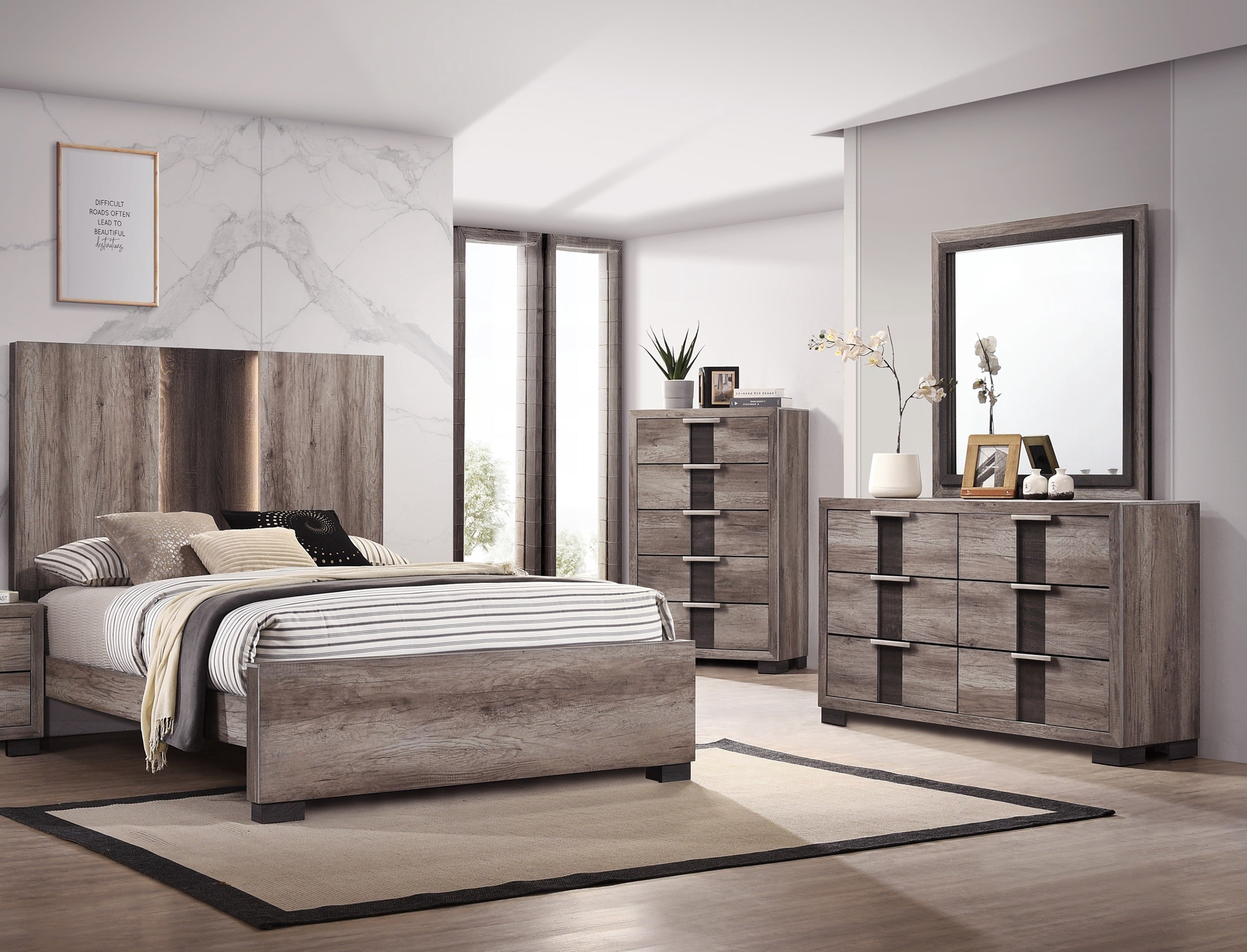 4Pc Beautiful Bedroom Gray/Brown Finish Queen Size Sleek Integrated ...