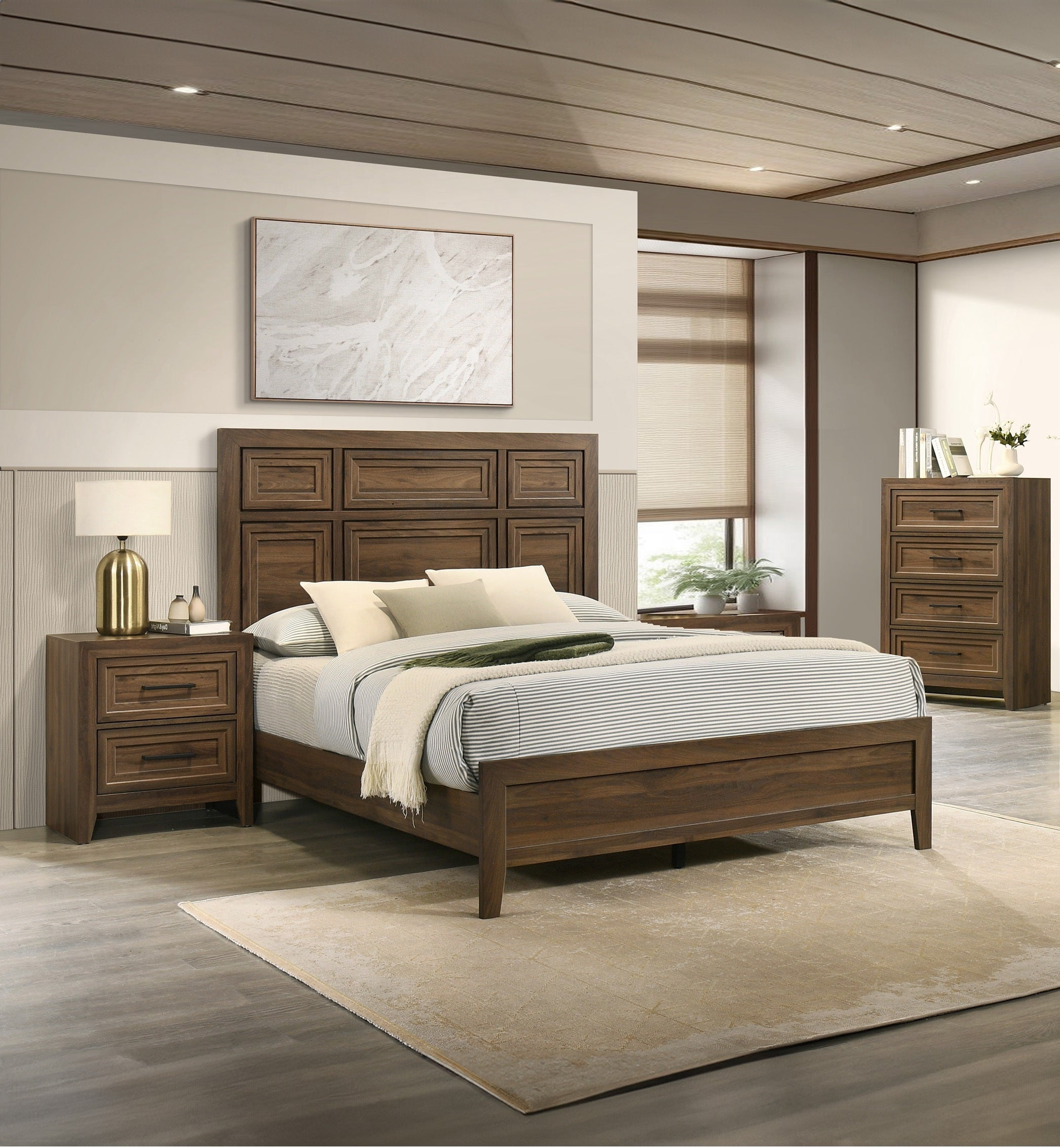 4Pc Brown Architectural Paneling Full Bed Nightstands Chest Set Bedroom ...