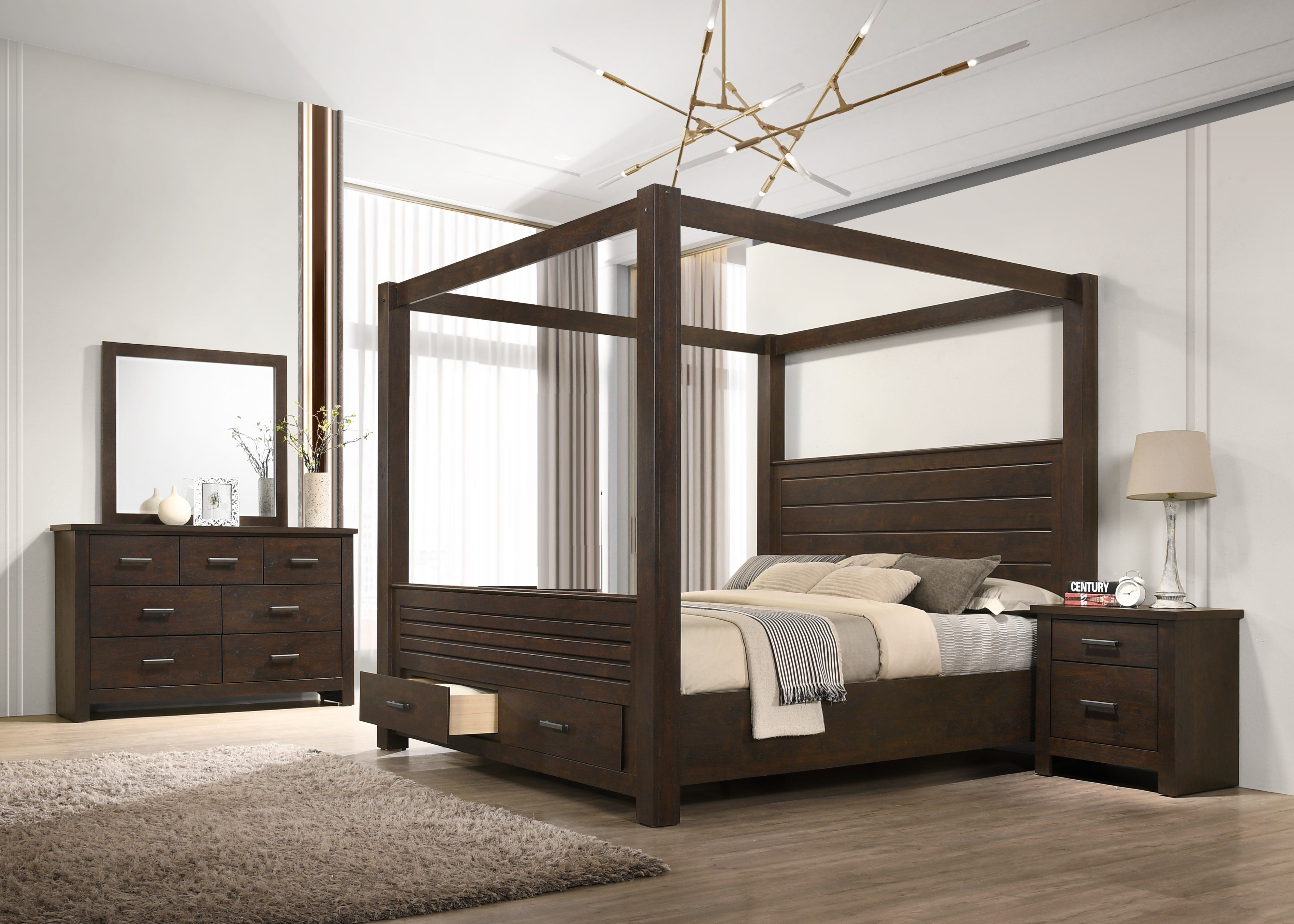 4Pc Brown Queen Canopy Bed Set Storage Footboard Luxurious Bedroom ...