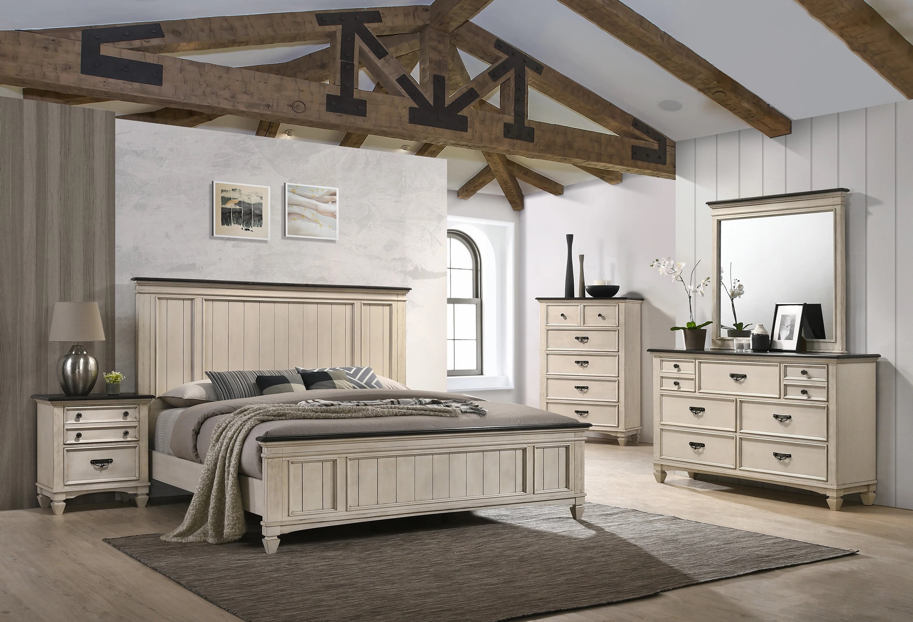 4Pc King Size Bedroom Set, Modern Style: Bed, Dresser, Mirror ...