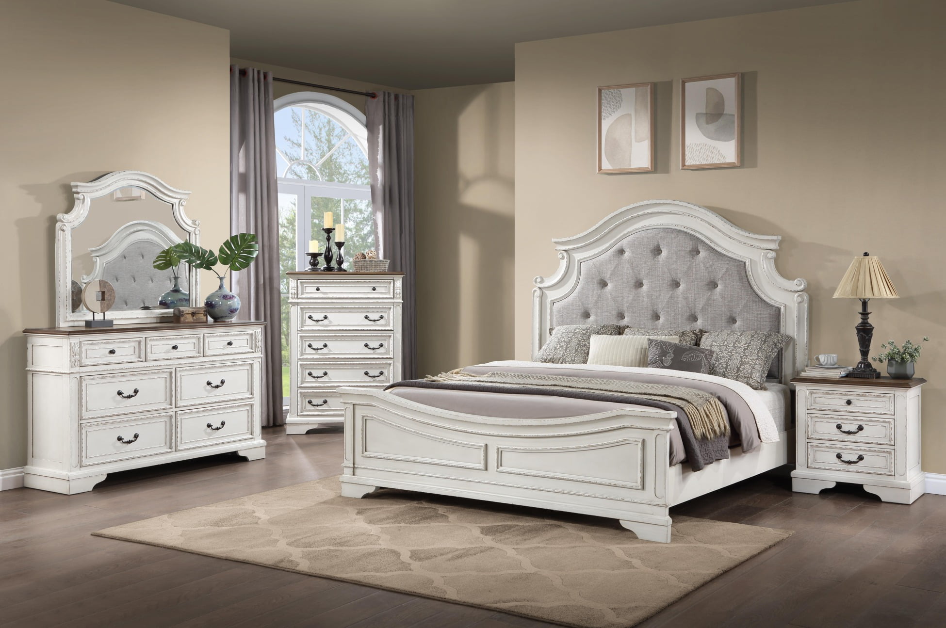 4Pc King Bedroom Set, Solid Wood Antique King Size Bed Frame with ...