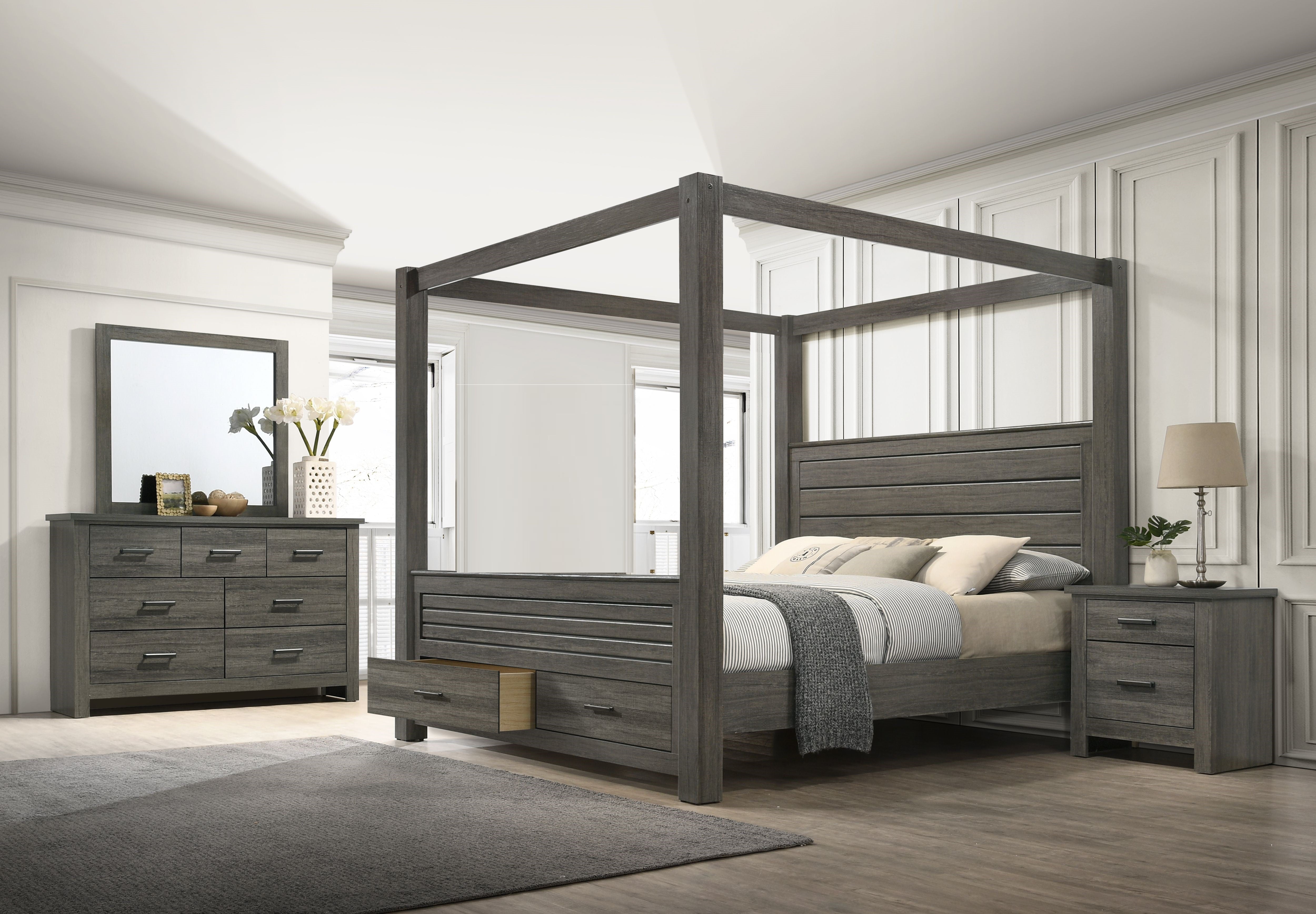 4Pc King Canopy Bed Set Storage Footboard Luxurious Bedroom Furniture ...