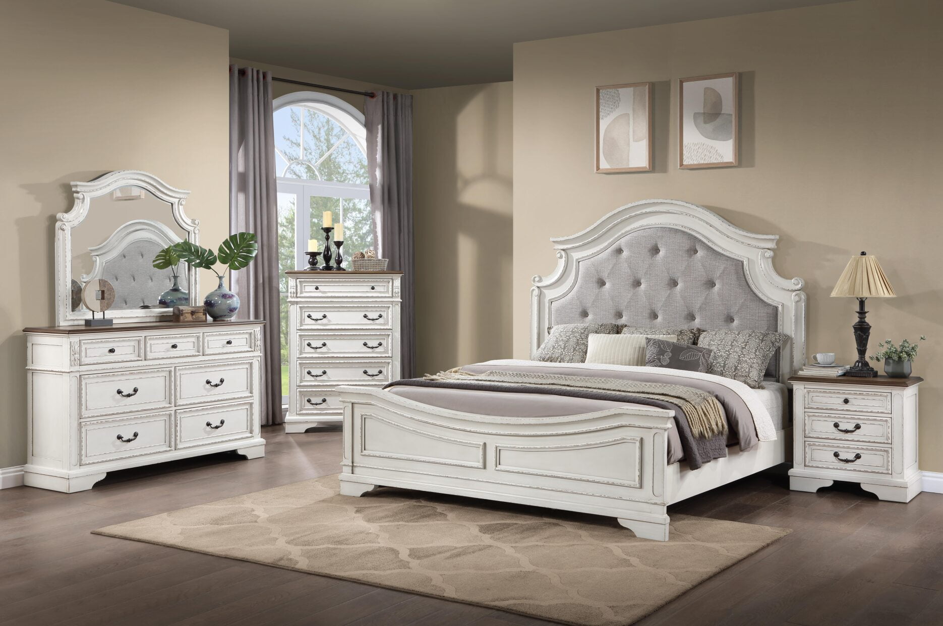 4Pc Queen Bedroom Set, Solid Wood Antique Queen Size Bed Frame with ...