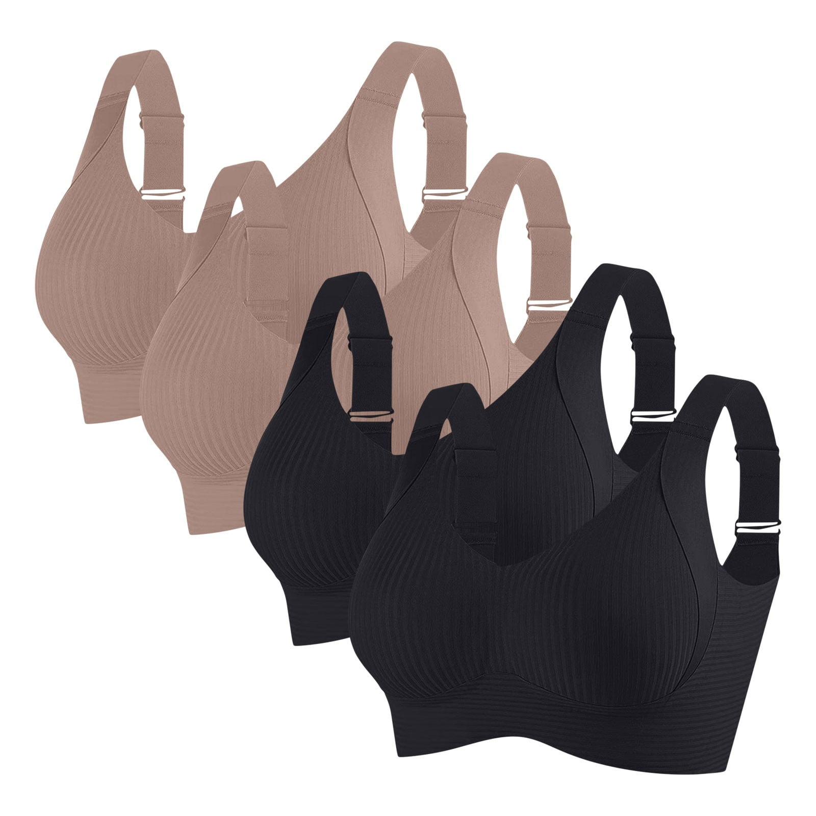 4Pc Rib Stripe Bras for Women No Underwire Support Push-Up Bra One ...