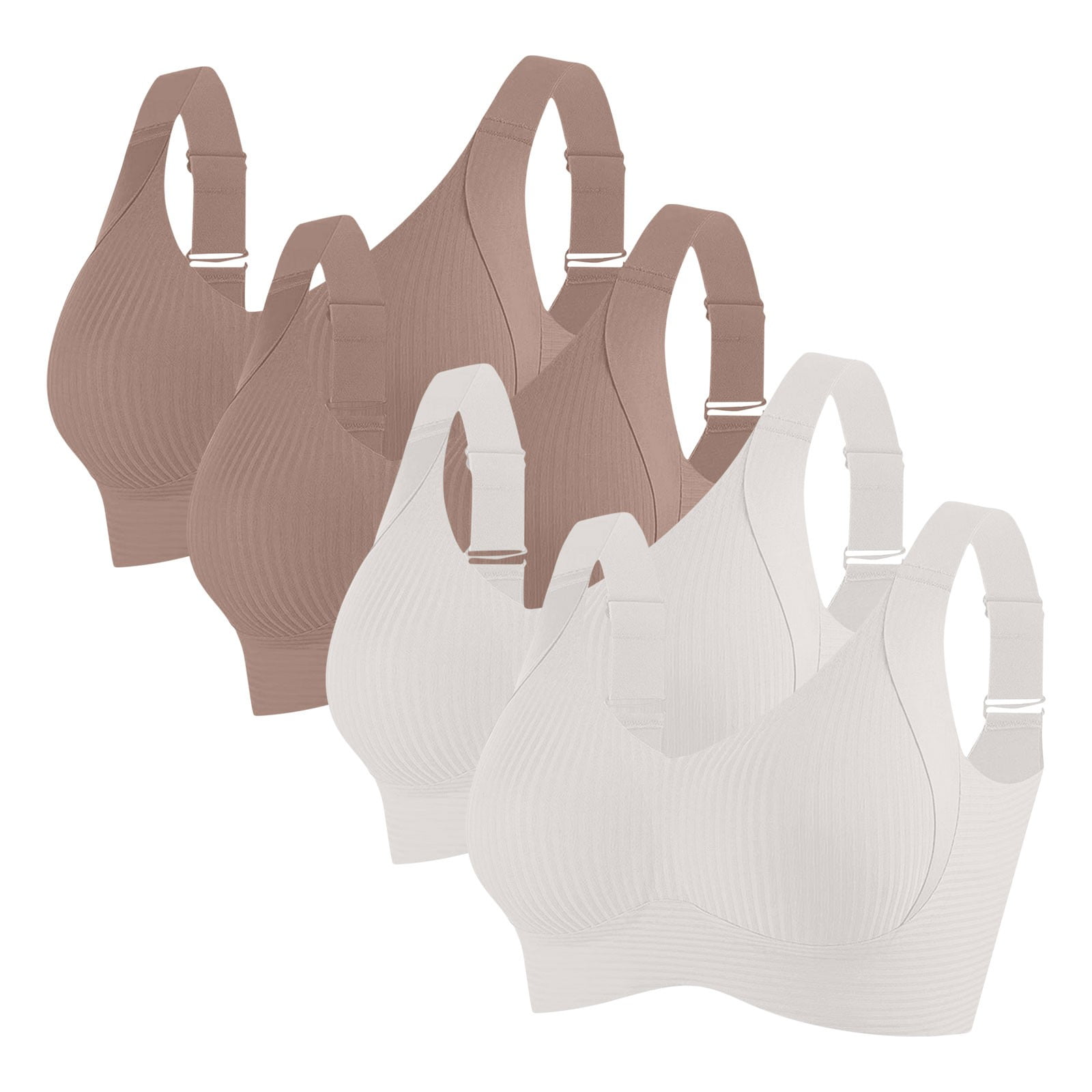 4Pc Rib Stripe Bras for Women No Underwire Support Push-Up Bra One ...