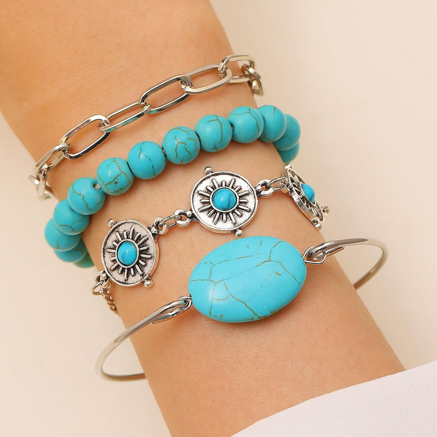 4Pc Turquoise Bracelets Sets Alloy Link & Charms Bracelets for Women ...