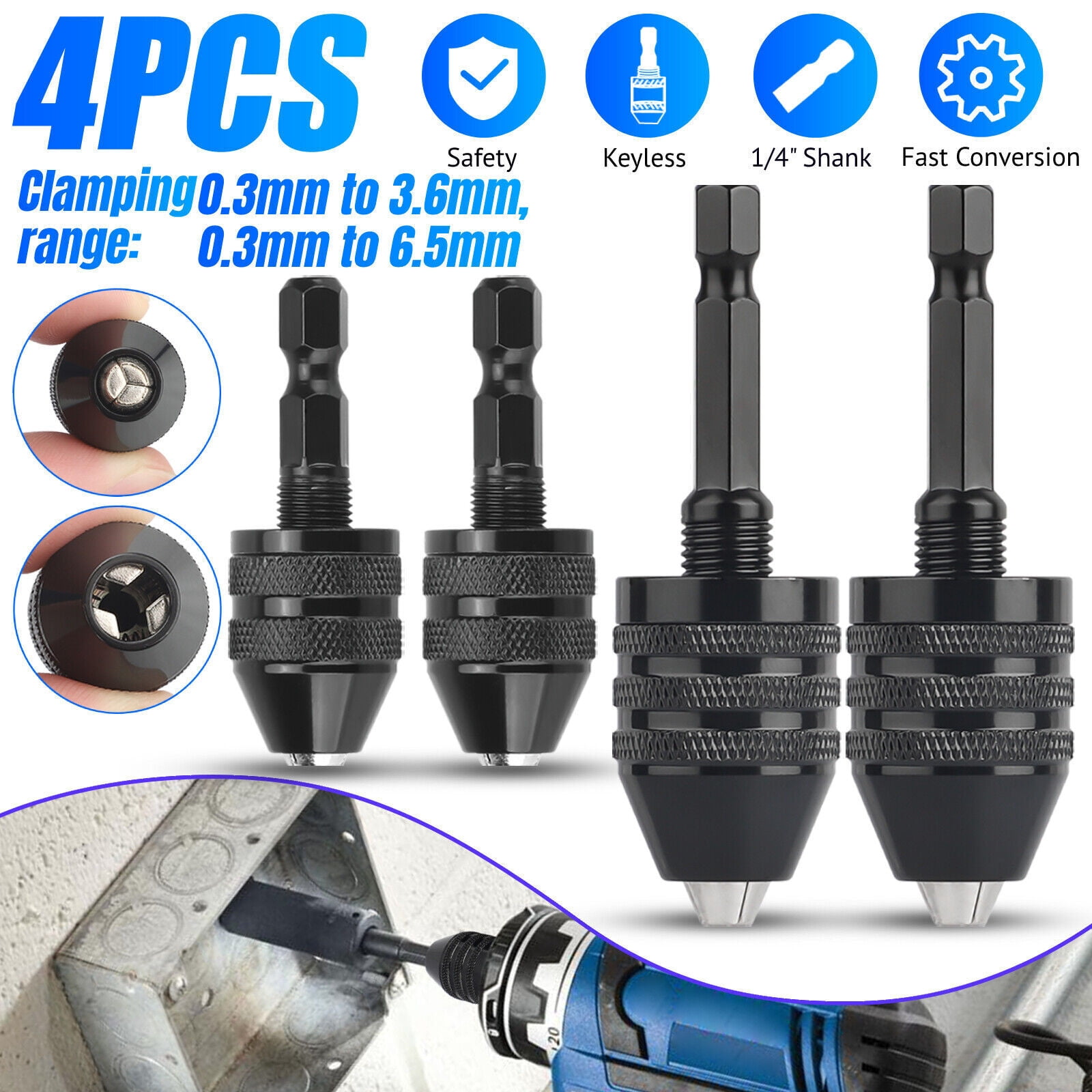 4Pcs 1/4"Hex Shank Keyless Drill Chuck Adapter Bit Quick Change ...
