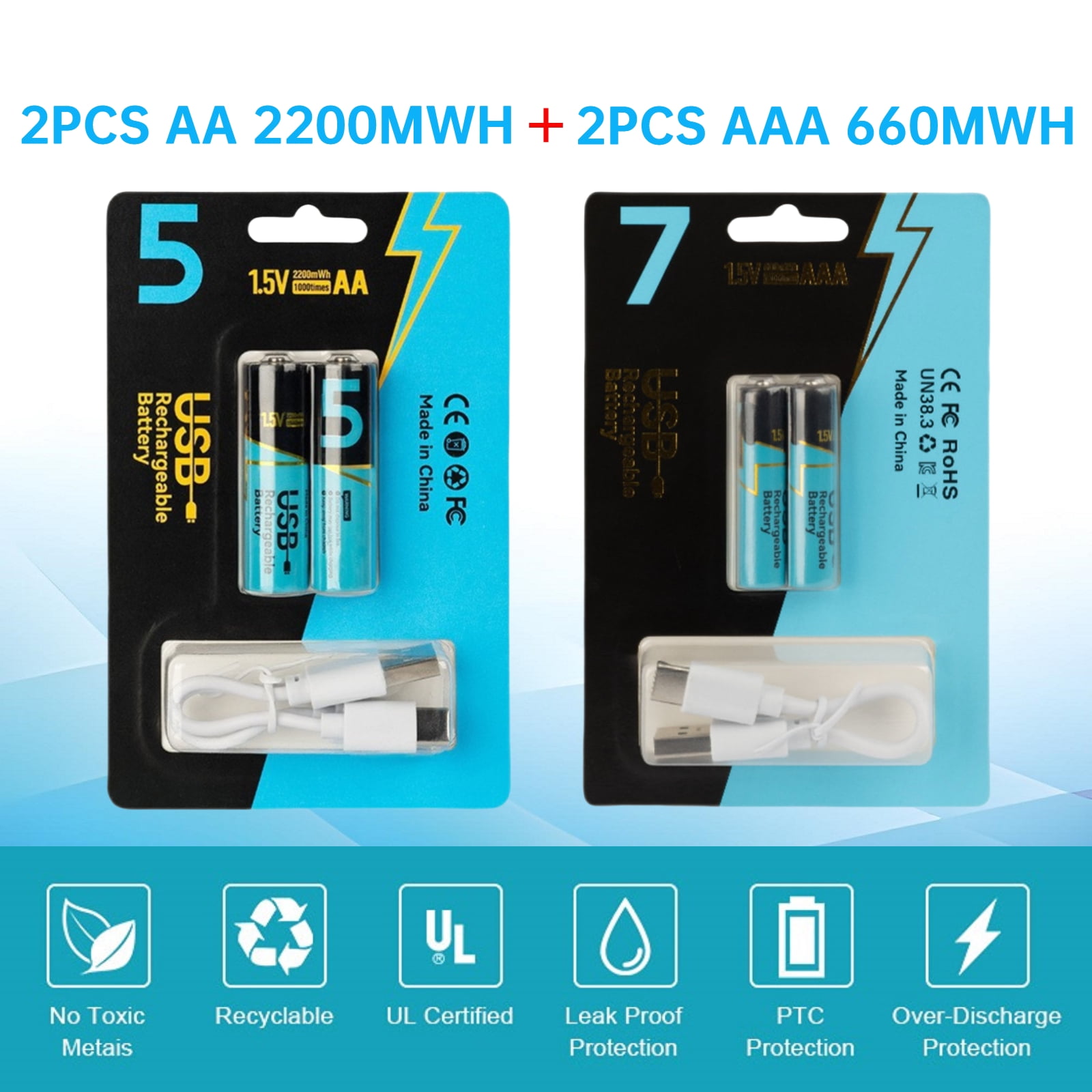 4Pcs 1.5v 2200mWh AA 660mWh AAA Lithium Rechargeable Batteries with USB ...