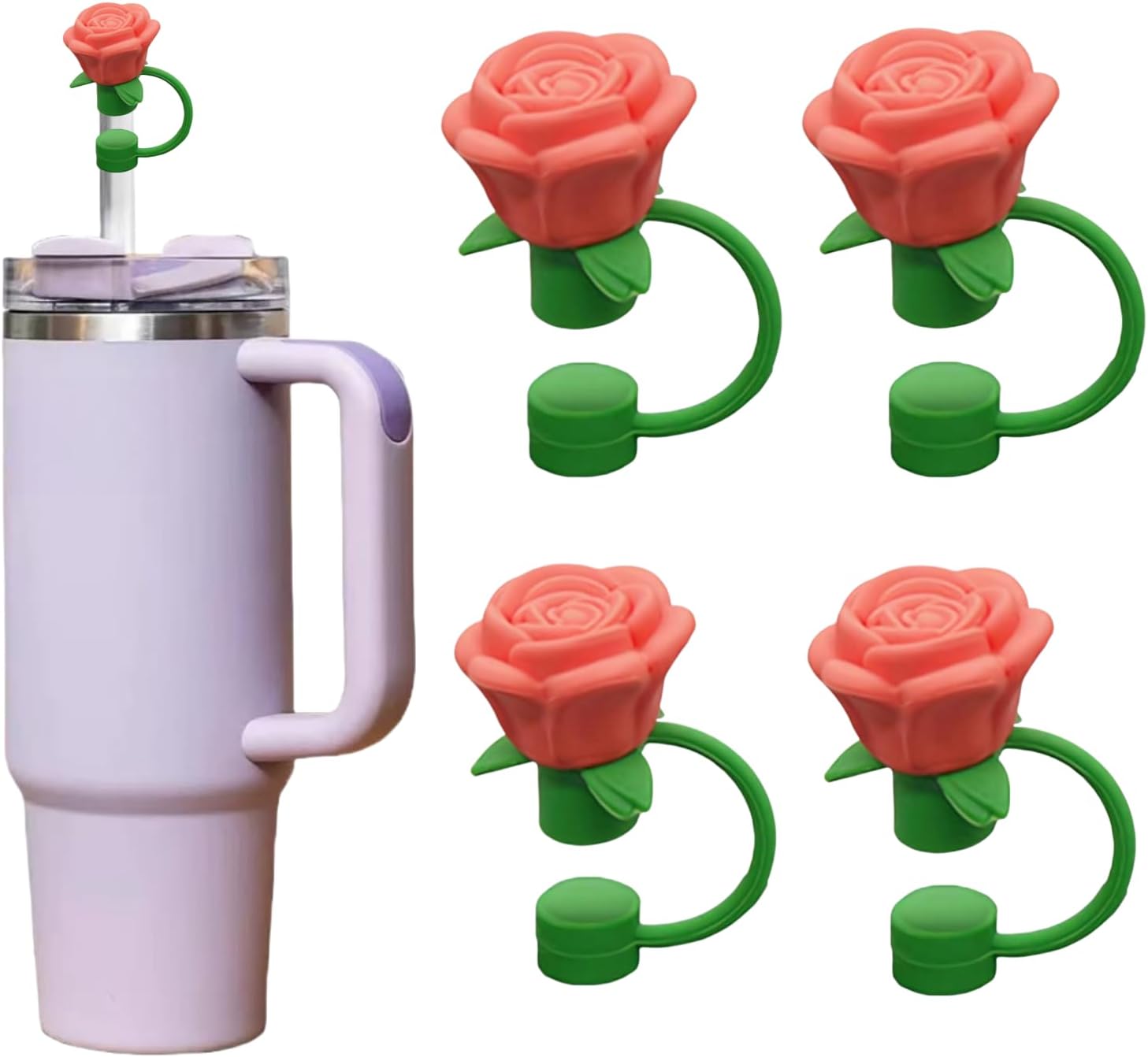4Pcs 10mm Rose Flower Straw Covers for Stanley Cup,Silicone Cover Dust ...
