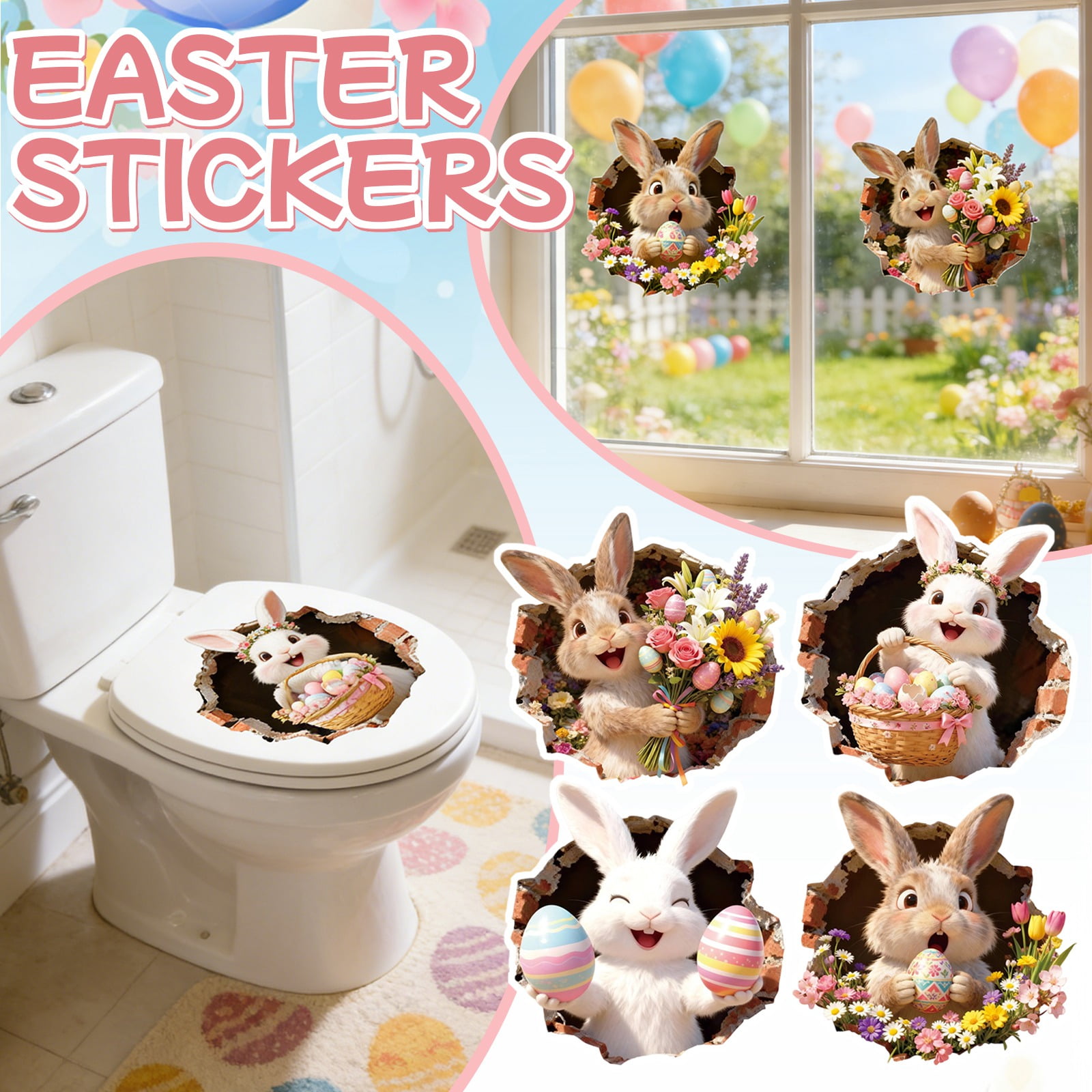 4Pcs 11.81Inch Easter 3D Cute Bunny Wall Stickers for Easter Spring ...