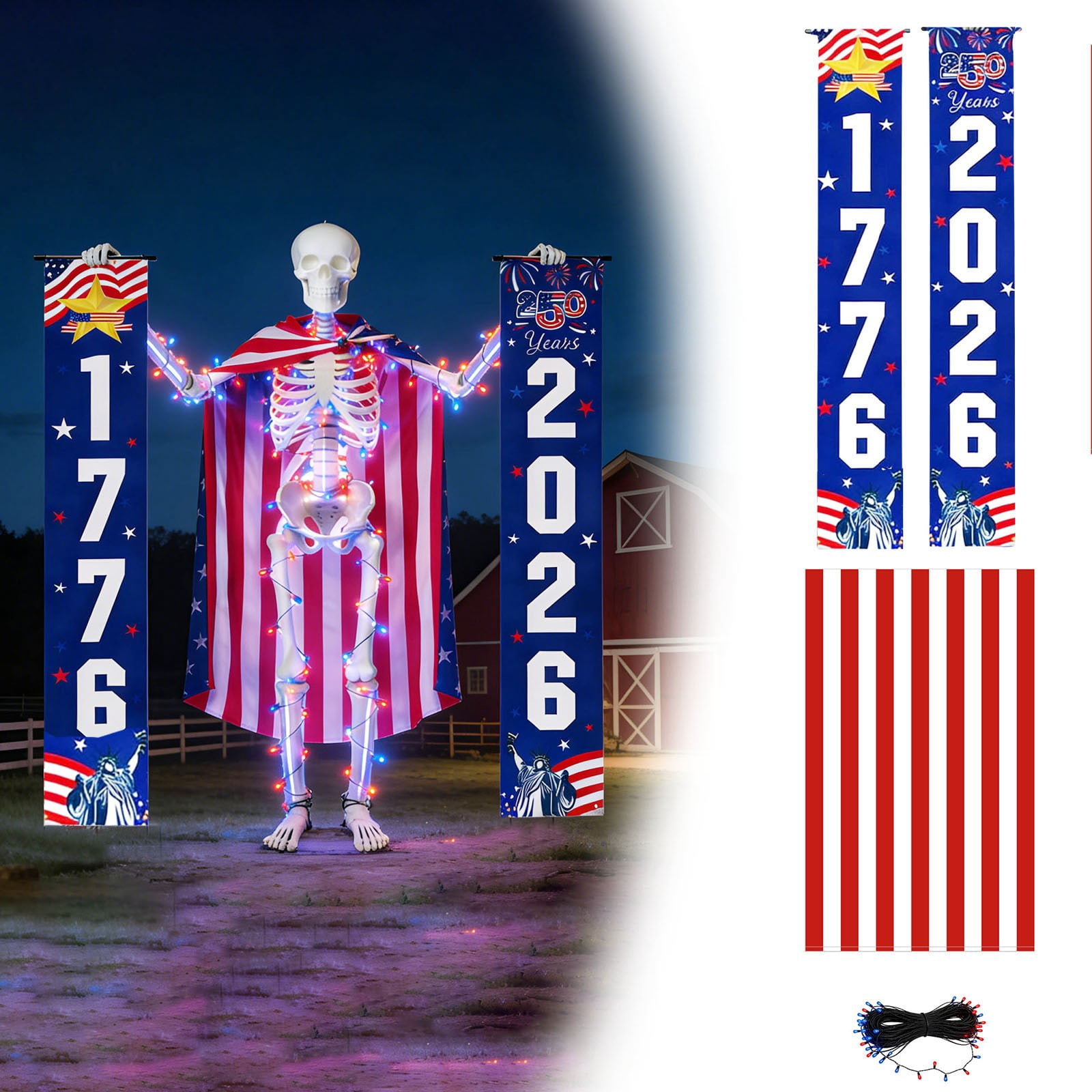 4Pcs 12ft Skeleton Skeleton Independence Day With Banner Hat Bow Beard ...