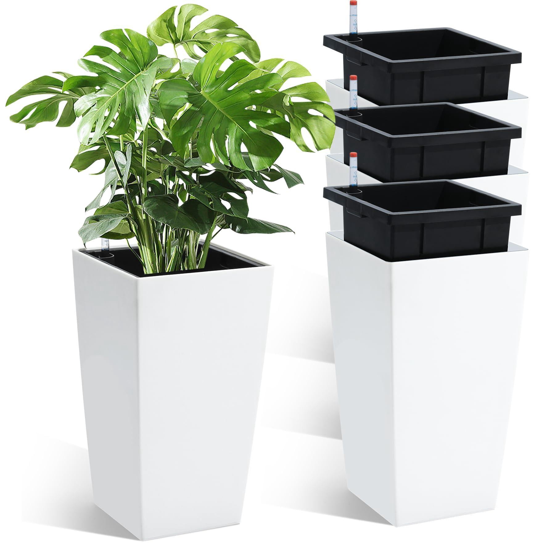 4Pcs 16 Inch Tall Planter Pots, Drainage & Water Level Monitor Design ...