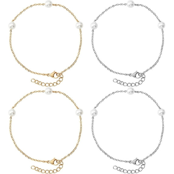 4Pcs 2 Colors Acrylic Pearl Beaded Bracelets Set 304 Stainless Steel ...