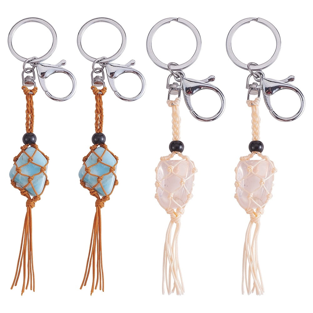 4Pcs 2 Colors Macrame Fringe Keychain Black Glass Bead Tassel Charm Key ...