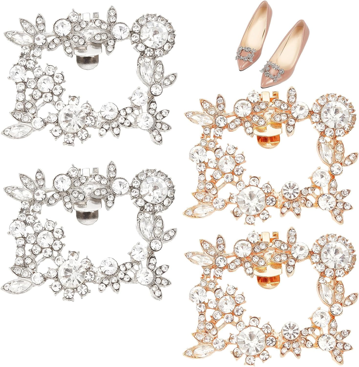 4Pcs 2 Colors Rhinestone Shoe Clips Silver Golden Alloy Shoe Decoration ...
