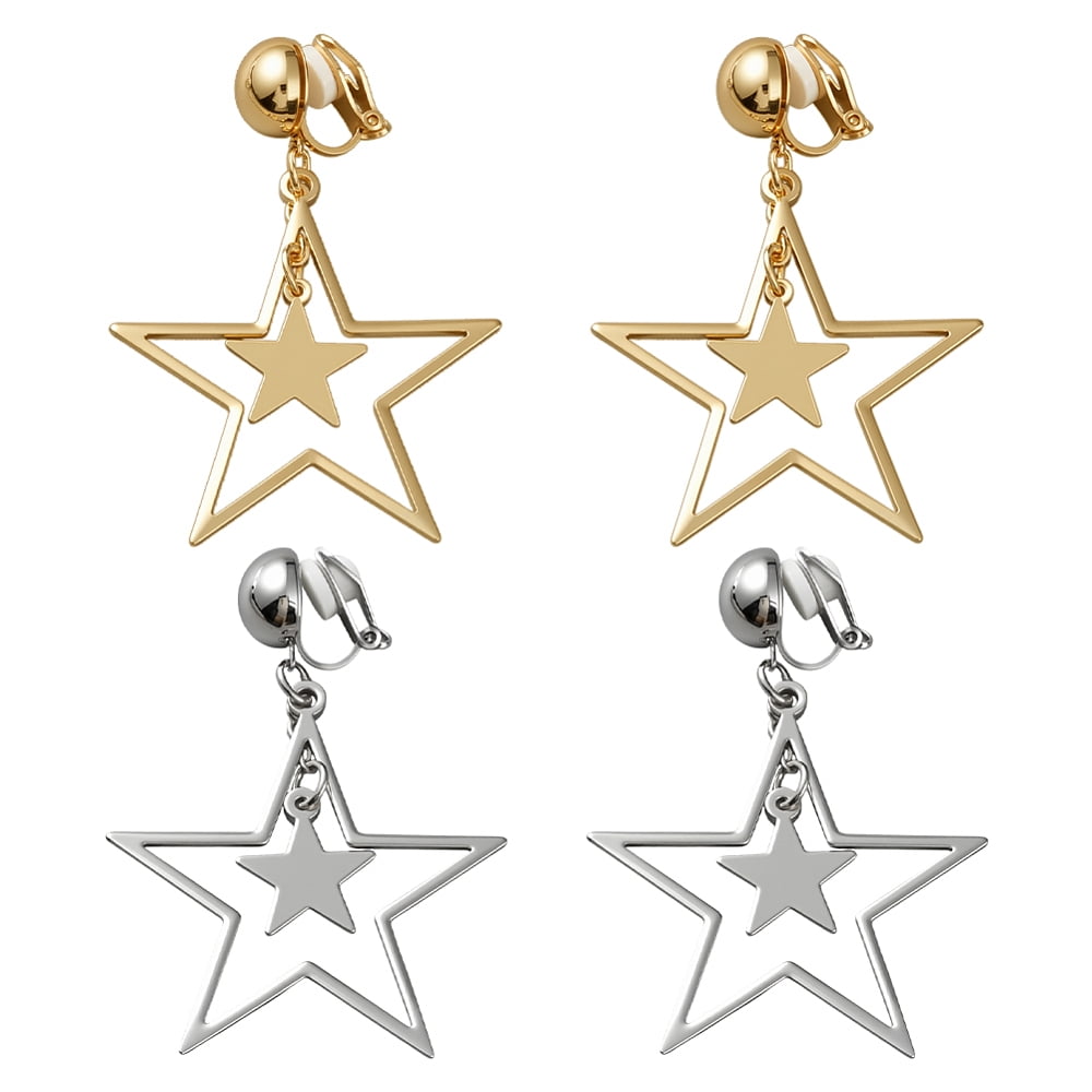 4Pcs 2 Colors Star Ear Clip Star Dangle Drop Earrings Non Piercing Ear ...