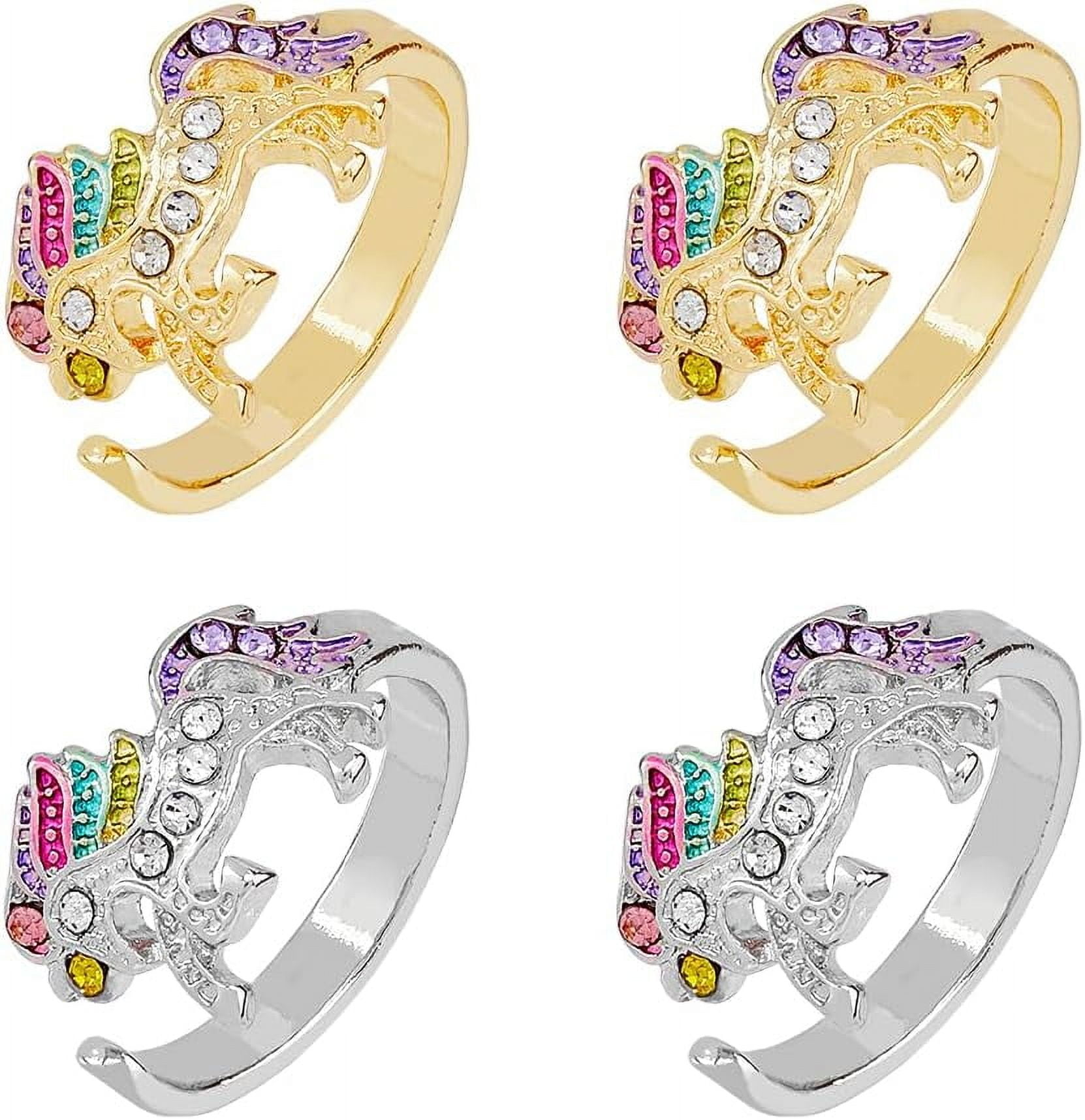 4Pcs 2 Colors Unicorn Colorful Rhinestone Open Alloy Cuff Rings Set ...